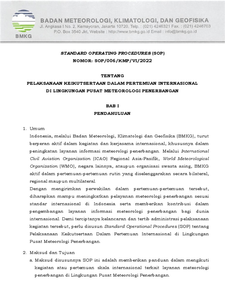 SOP Keikutsertaan Pertemuan Internasional Di Lingkungan Pusat Meteorologi Penerbangan | PDF