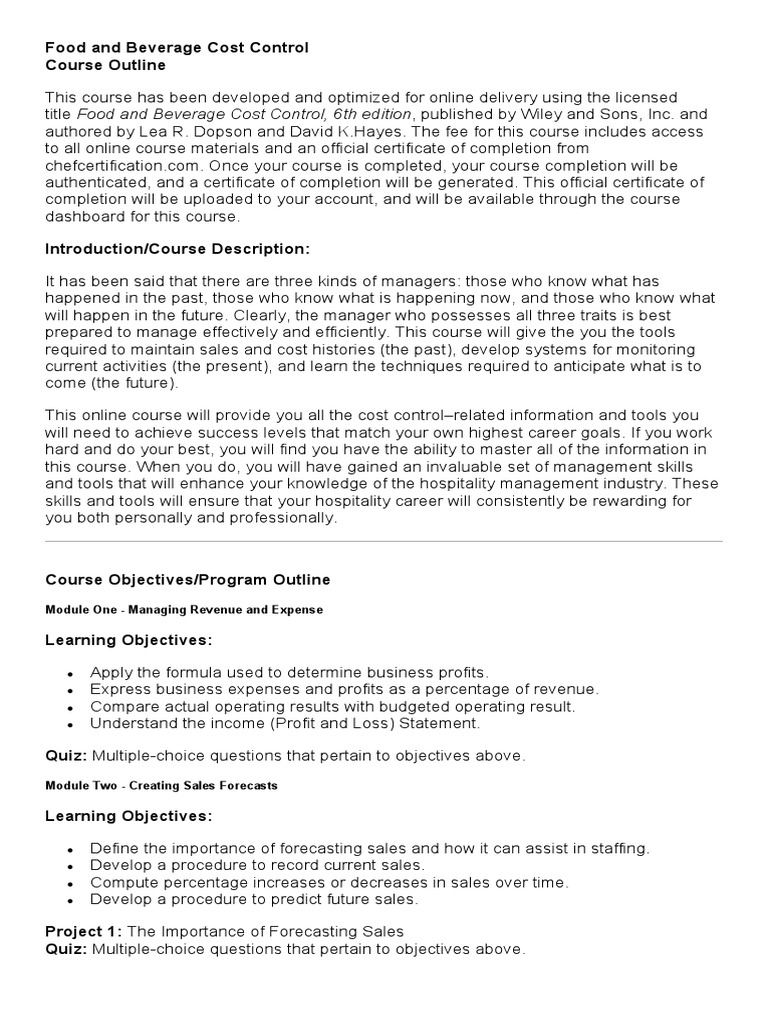 Food and Beverage Cost Control | PDF | Menu | Inventory