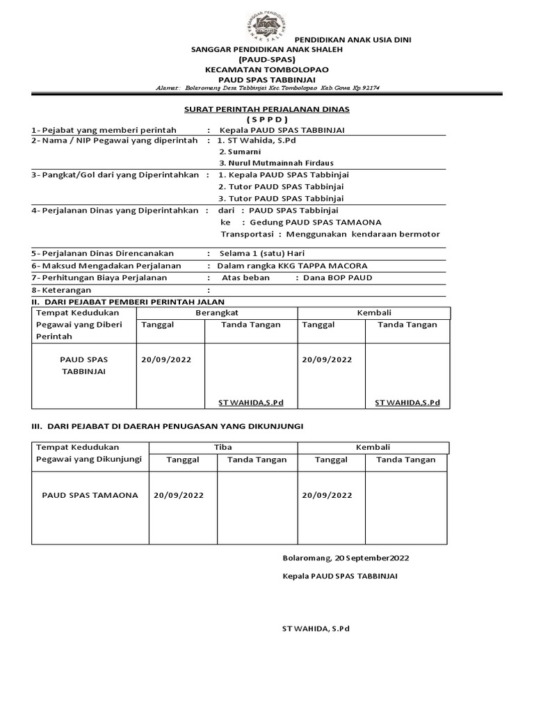 SPPD PAUD SPAS Tabbinjai ke Tamaona | PDF