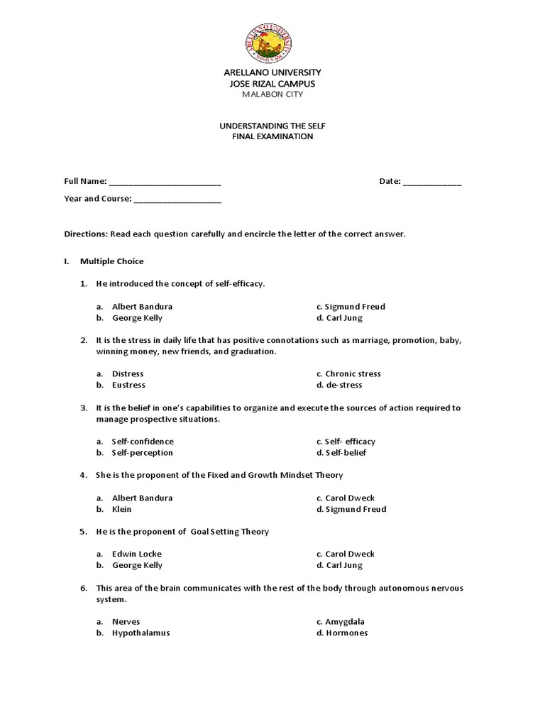 Understanding The Self Final Examination | PDF