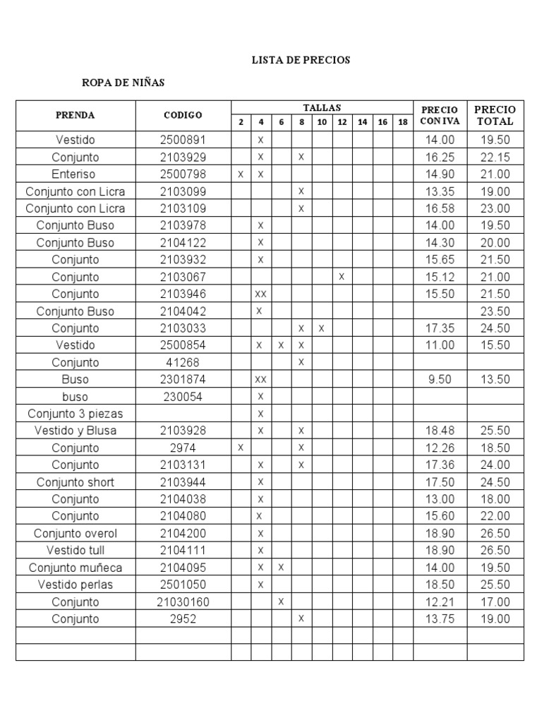 Lista de Precios | PDF | Moda | Ropa