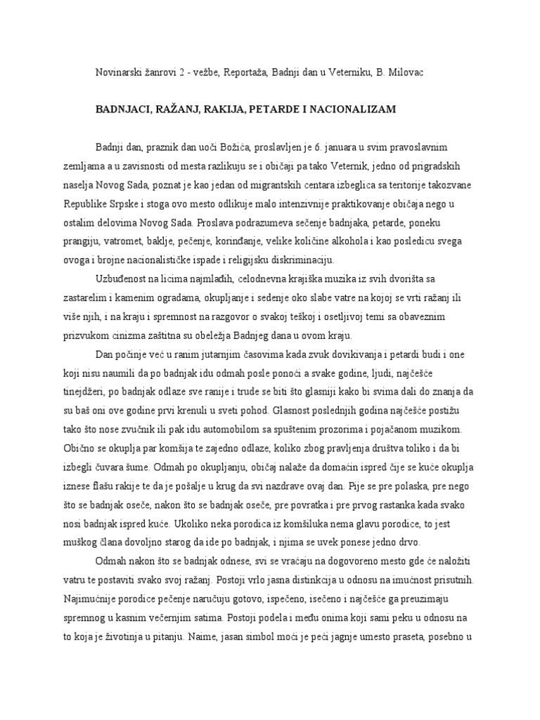 Žanrovi 2 - Reportaža - Badnji Dan U Veterniku - B. Milovac | PDF