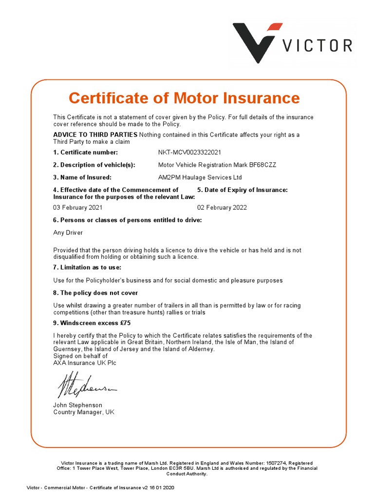 (1142805388) Certificate - Victor Commercial Motor Policy From Victor ...