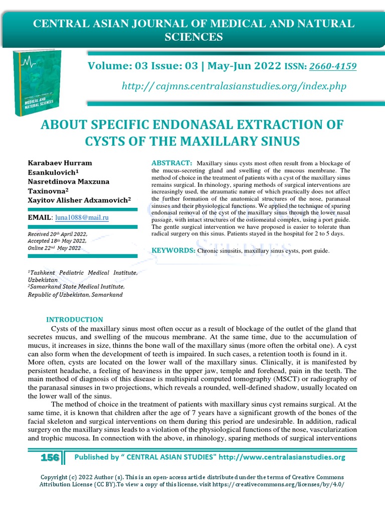 About Specific Endonasal Extraction of Cysts of The Maxillary Sinus ...
