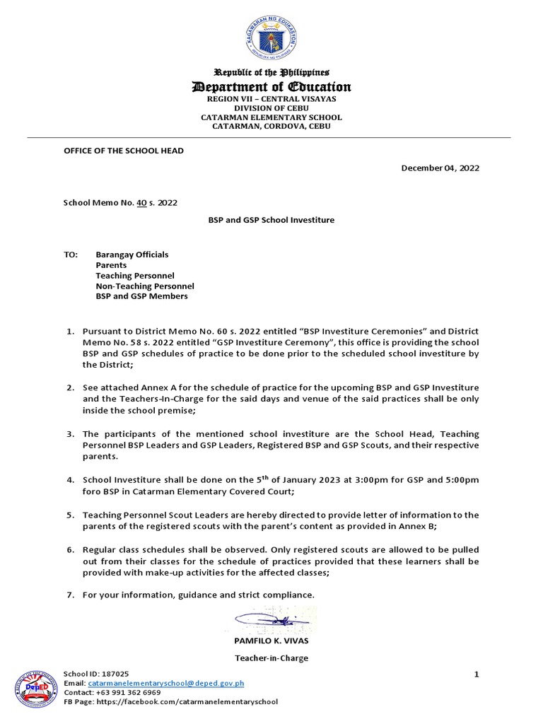 School Memo No. 40s. 2022 BSP and GSP Investiture 2022 | PDF | Philippines
