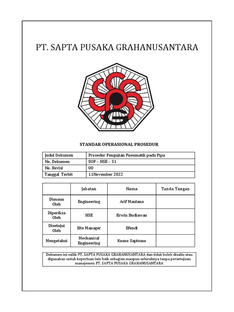 SOP-SMK3L-31 (Prosedur Pengujian Pneumatik) | PDF