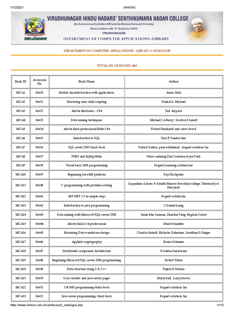 Department of Computer Applications - Library Catalogue: Book ID ...