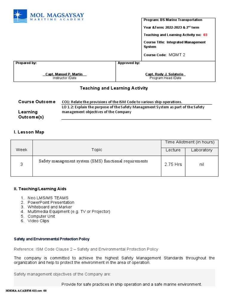 MMMA-ACADFM-021 Rev. 01 - Teaching and Learning Activity MGMT2 WK 03 ...