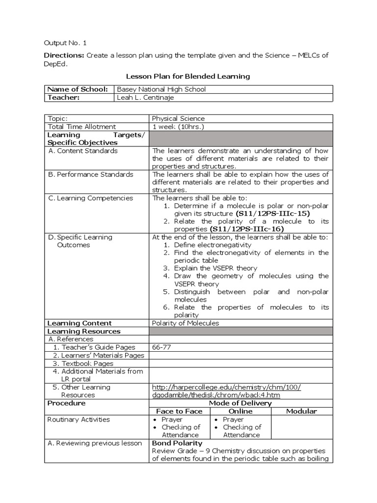 Output No 1-Lesson Plan | PDF | Chemical Polarity | Covalent Bond