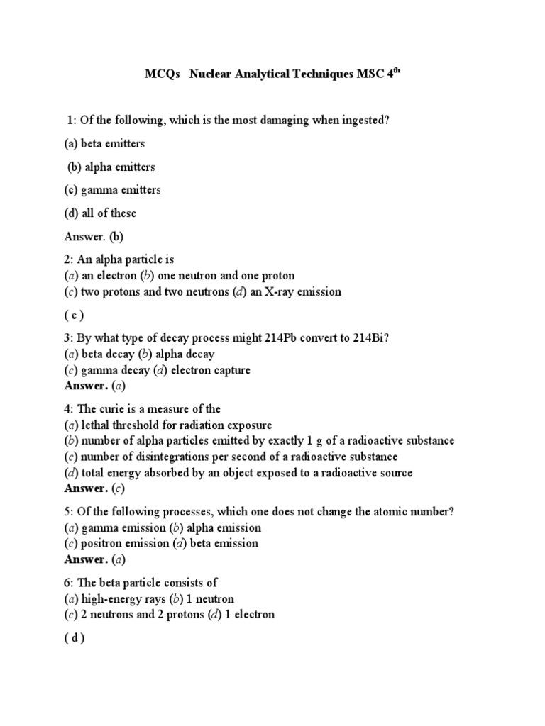 MCQs Nuclear Analytical Techniques MSC 4TH | PDF | Radioactive Decay | Neutron