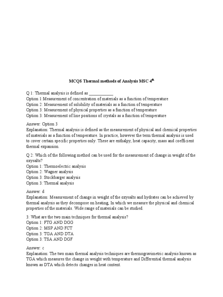MCQS Thermal Methods of Analysis MSC 4th | PDF | Differential Scanning Calorimetry ...