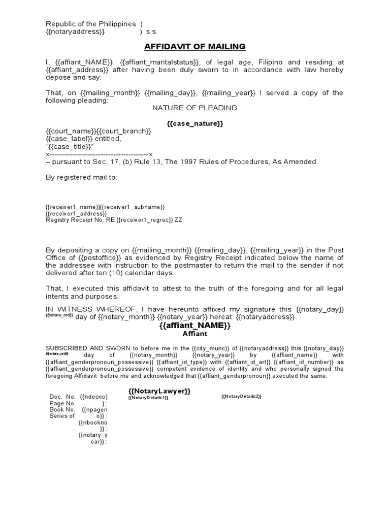 Affidavit of Mailing Template 1 | PDF | Law