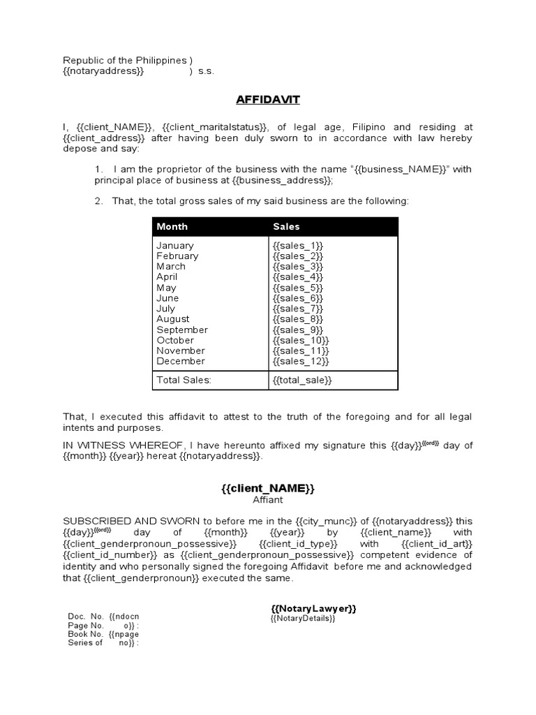 Affidavit of Gross Sales Template (Monthly - Owner) | PDF
