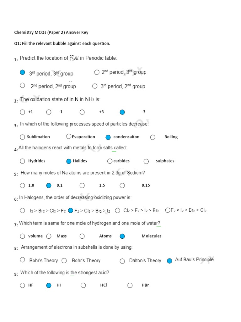 Chemistry MCQs (Paper 2) Answer Key | PDF