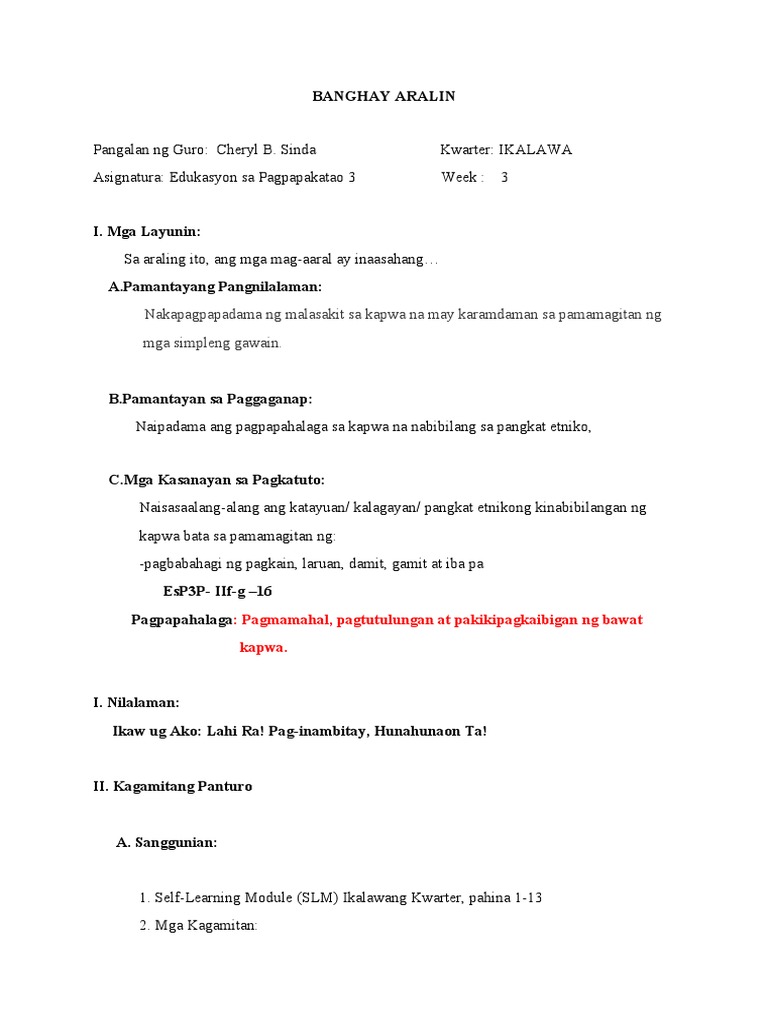 New 1 Lesson Plan Esp3 S.Y. 22-23 | PDF