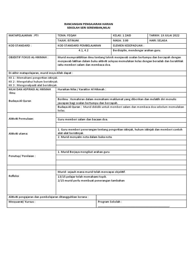 RPH Pti Tahun 1 Selasa | PDF