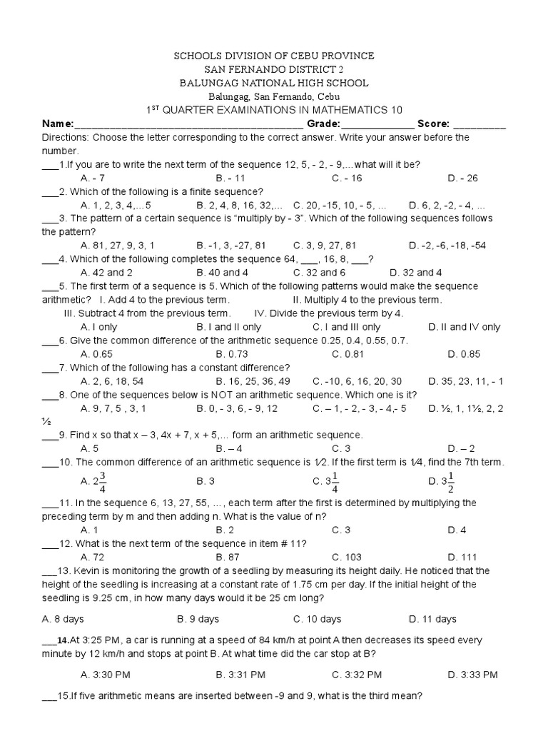 Math10 Q1 | PDF | Mathematics | Arithmetic