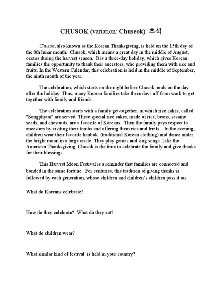 CHUSOK Korean Harvest Festival | PDF | Religion & Spirituality