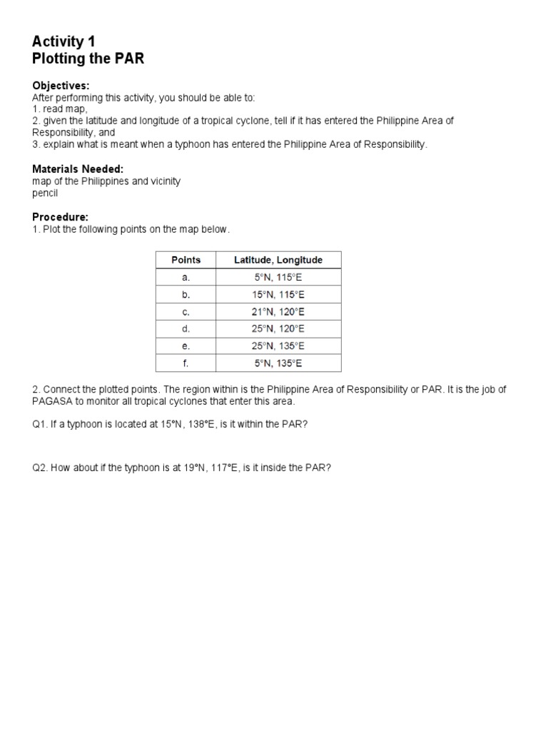 Activity Sheet Plotting The PAR | PDF