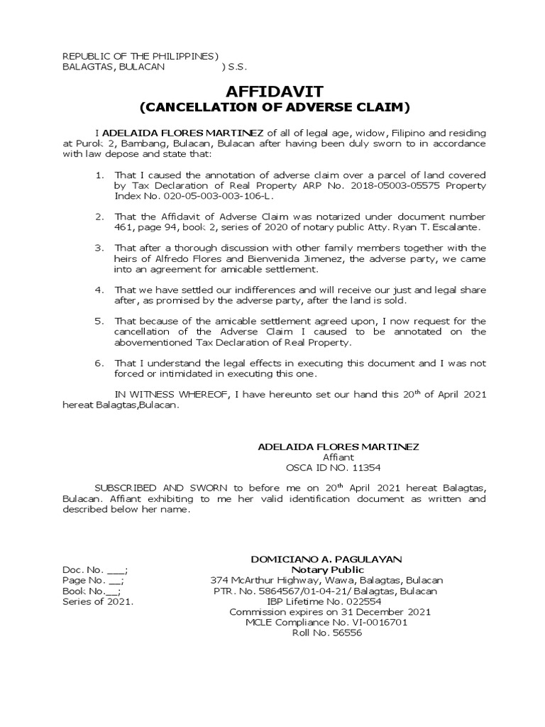 Cancellation of Adverse Claim | PDF