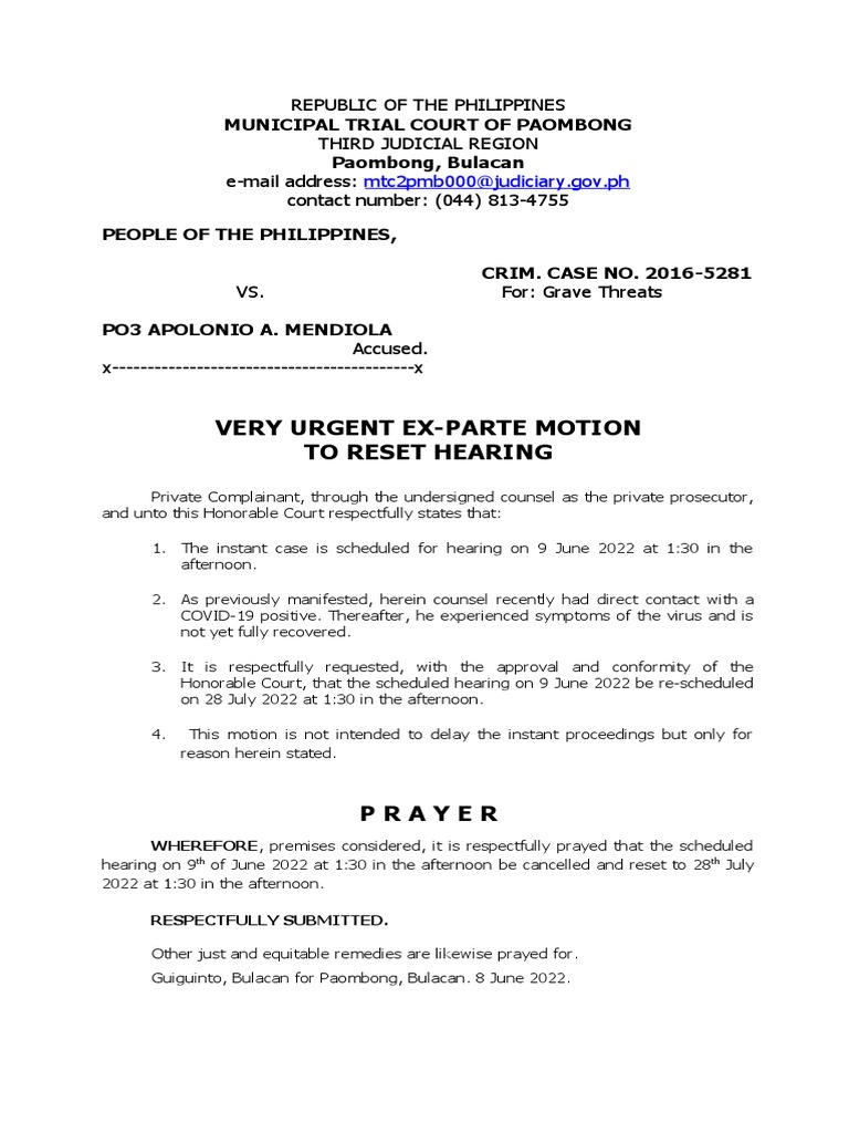 Very Urgent Motion To Reset Hearing 1 | PDF