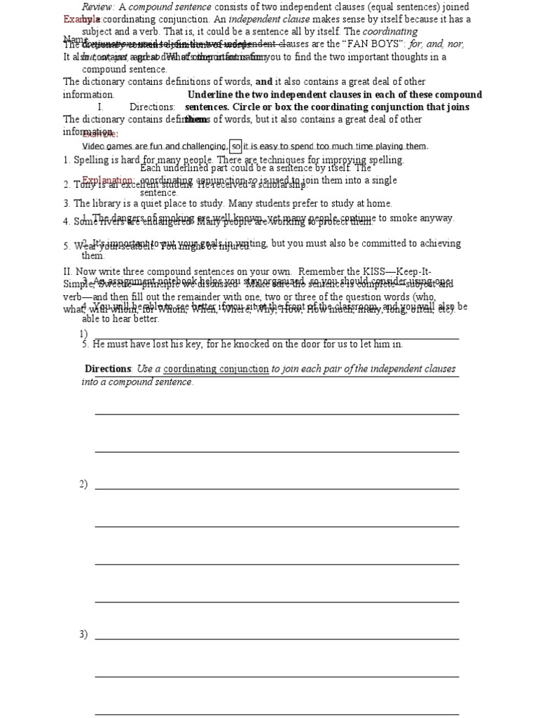 Compound Sentence Exercise | PDF