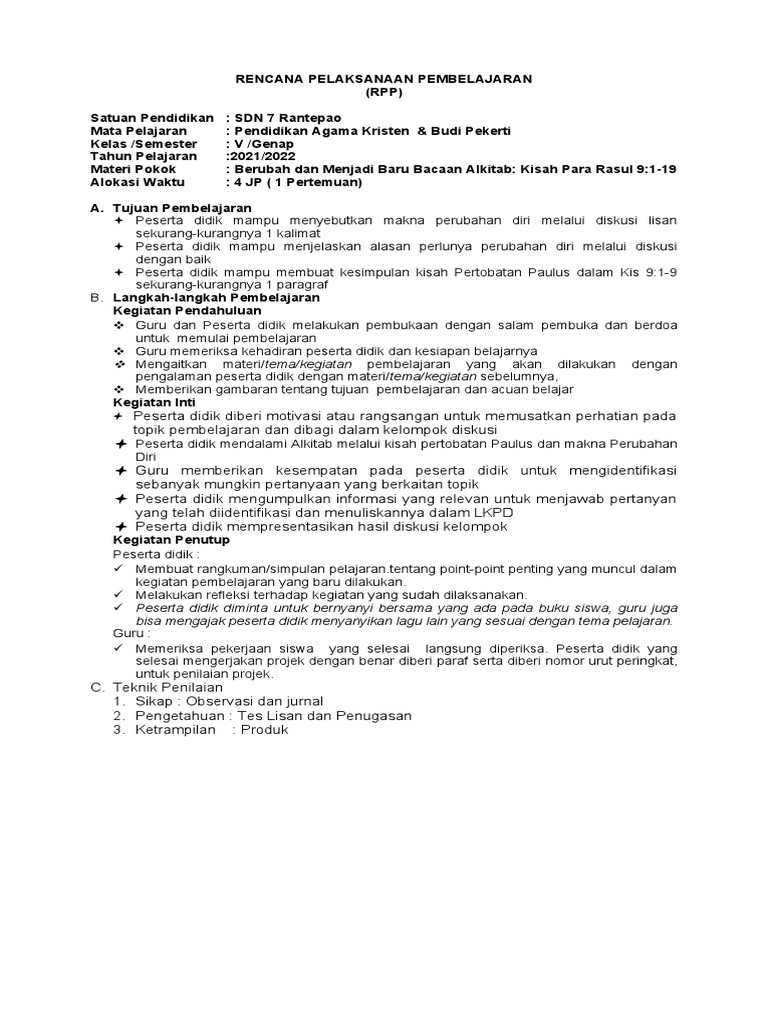 Contoh RPP 1 Lembar (Pak) | PDF