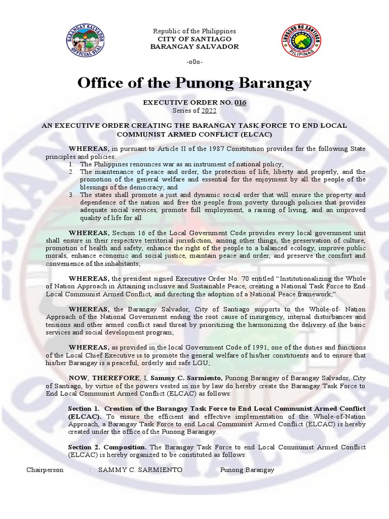 Executive Order No. 016 S. 2022 - CREATING THE BARANGAY TASK FORCE TO ...