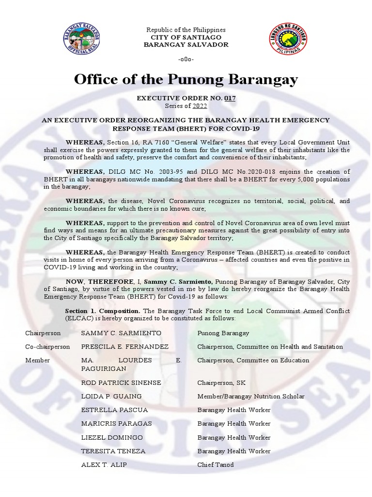 Executive Order No. 017 S. 2022 - ORGANIZING THE BARANGAY HEALTH ...