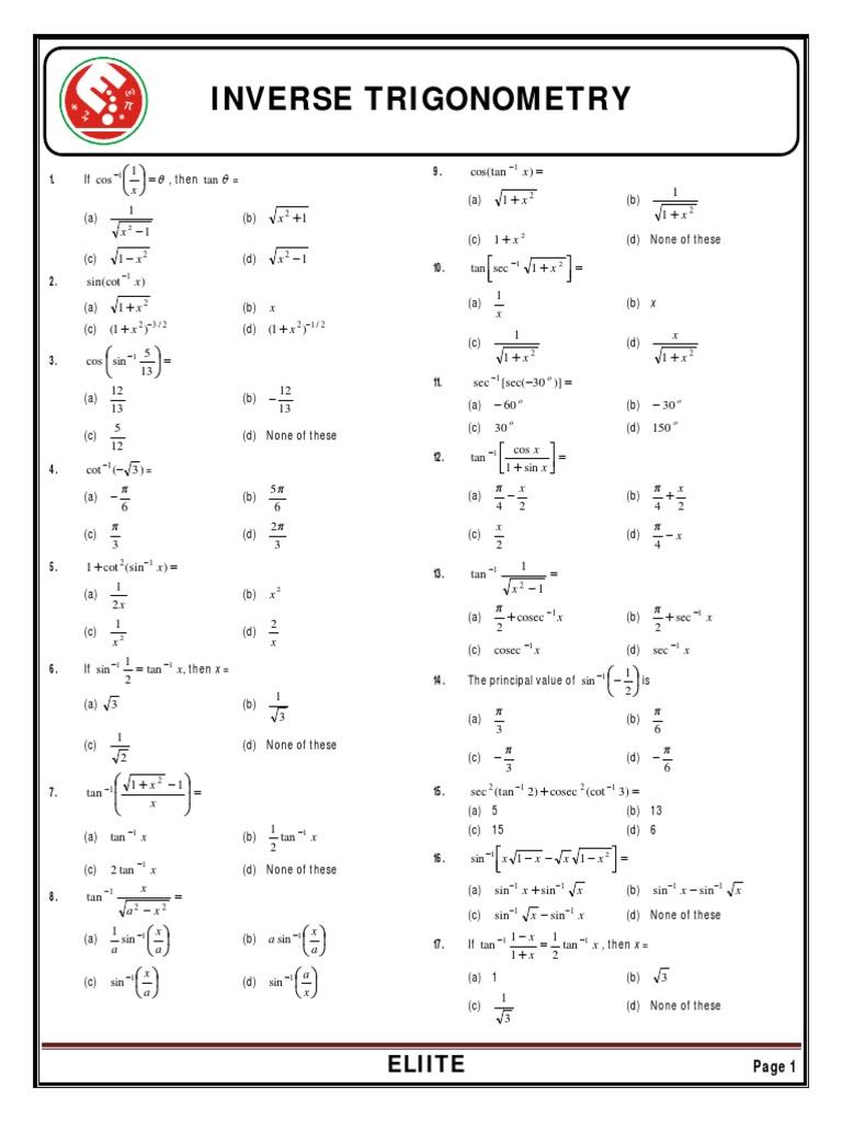 Inverse Trigonometry Pdf Pdf Trigonometric Functions Combinatorics