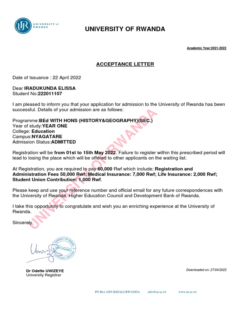University of Rwanda Acceptance Letter | PDF