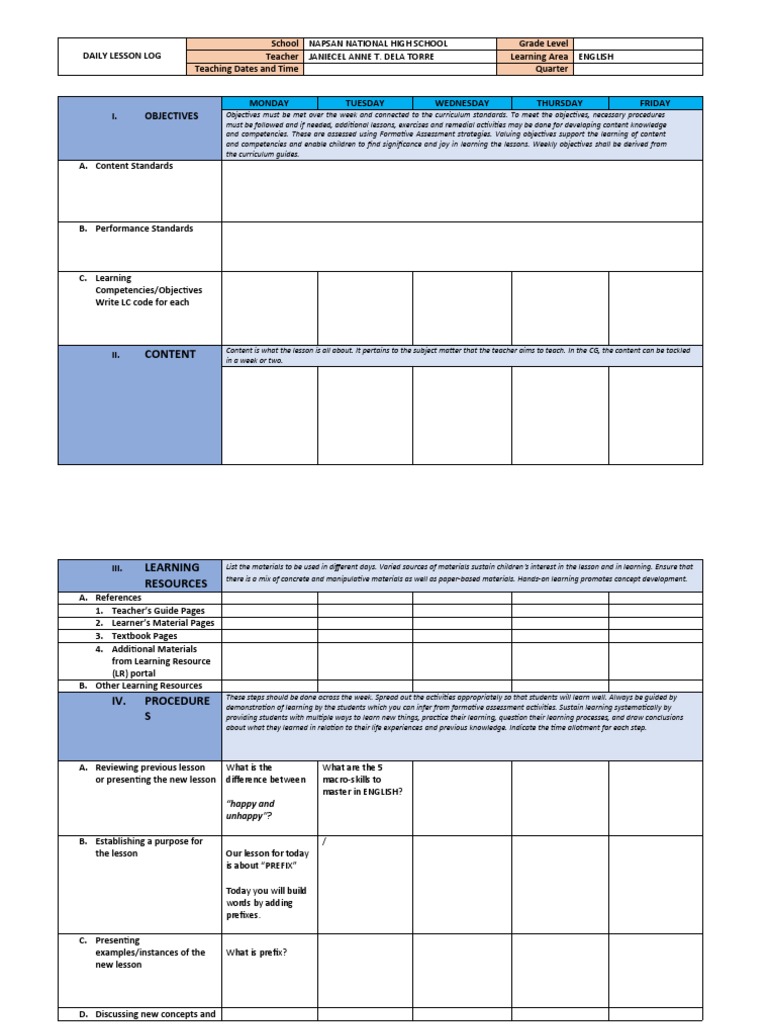 Daily Lesson Log: Teaching English Prefixes in High School | PDF ...