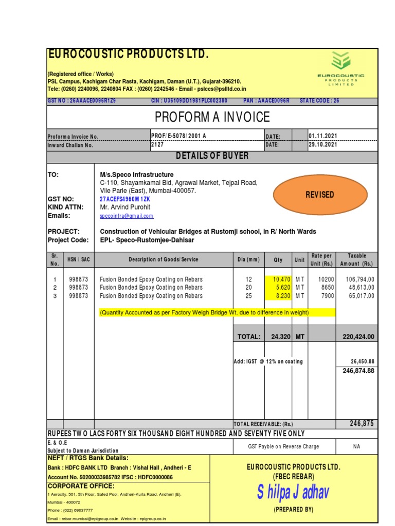 Fusion Bonded Epoxy Coated Reinforcement Bars Proforma Invoice for ...