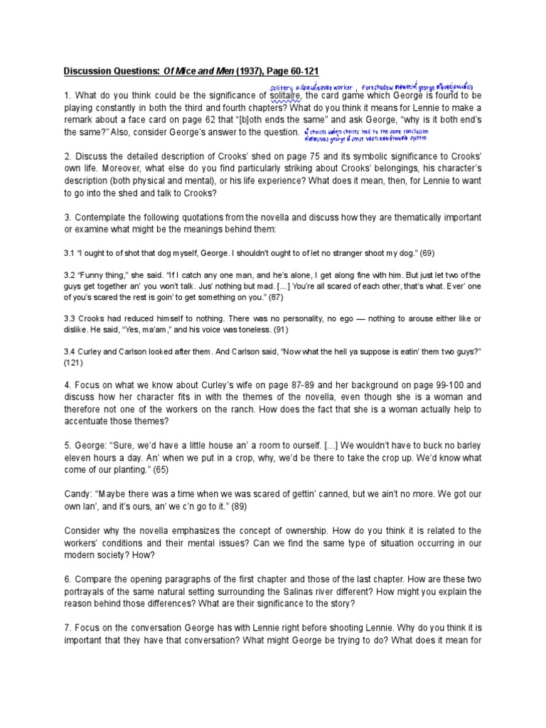 Discussion Questions - of Mice and Men (60-121) | PDF | John Steinbeck