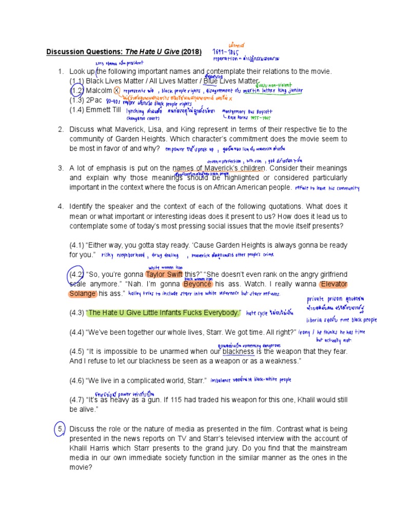 Discussion Questions - The Hate U Give | PDF | Race (Human Categorization)