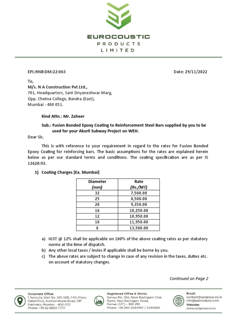 063.offer Letter NA Construction - Akurli Subway Project.29.11.22 | PDF