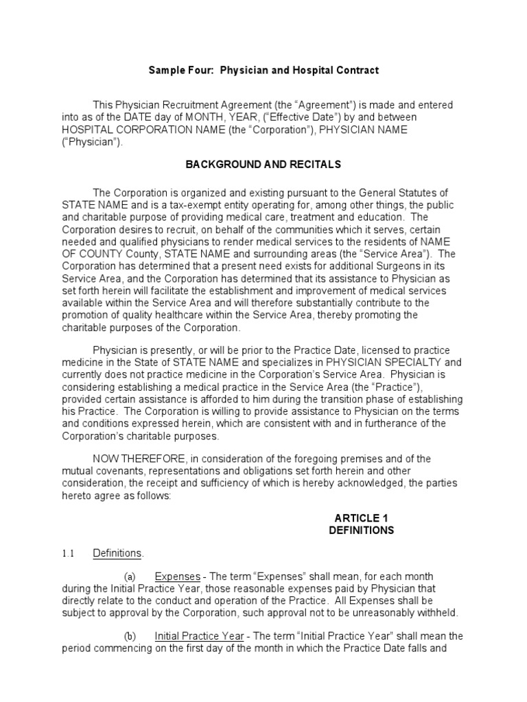 Physician Recruitment Agreement Template | PDF | Employment | Bankruptcy