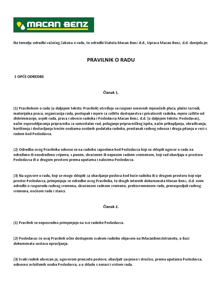 MacanBenz - Pravilnik o Radu | PDF