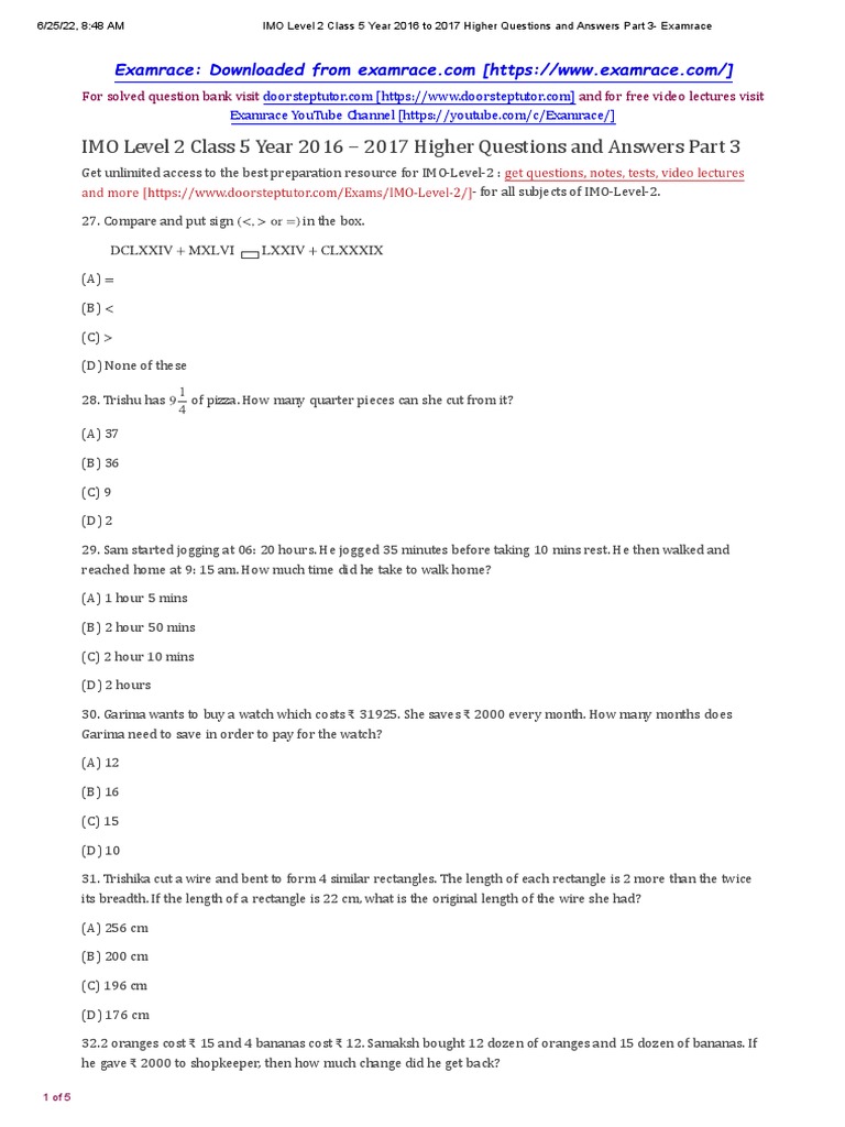 IMO Class 5 2016-17 Level 2 Q&A | PDF | Length | Geometry