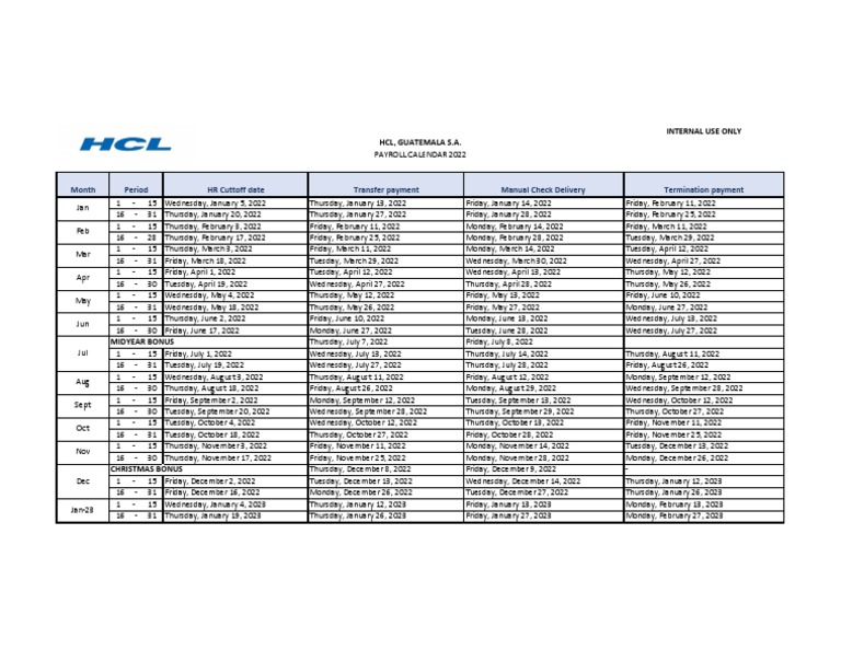 HCL Payroll Calendar 2022 | PDF