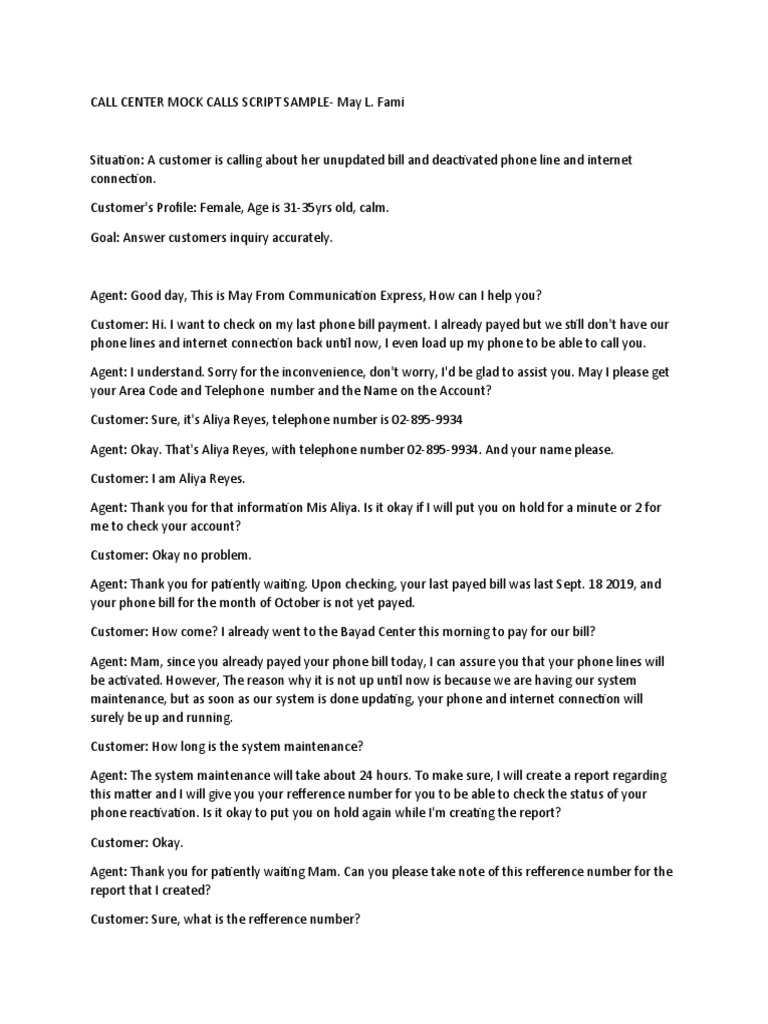 Call Center Mock Calls Script Sample | PDF