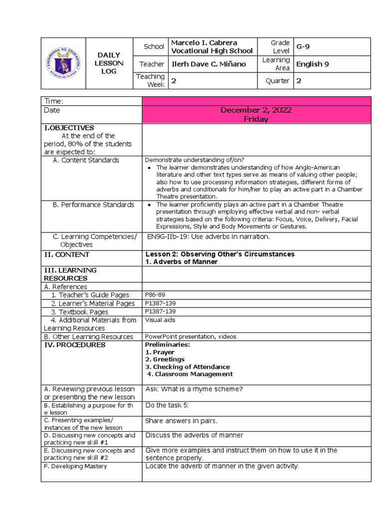 DLL DEC 2 q2 OBSERVING-OTHERS-CIRCUMSTANCES Adverbsofmanner | PDF | Learning | Teachers