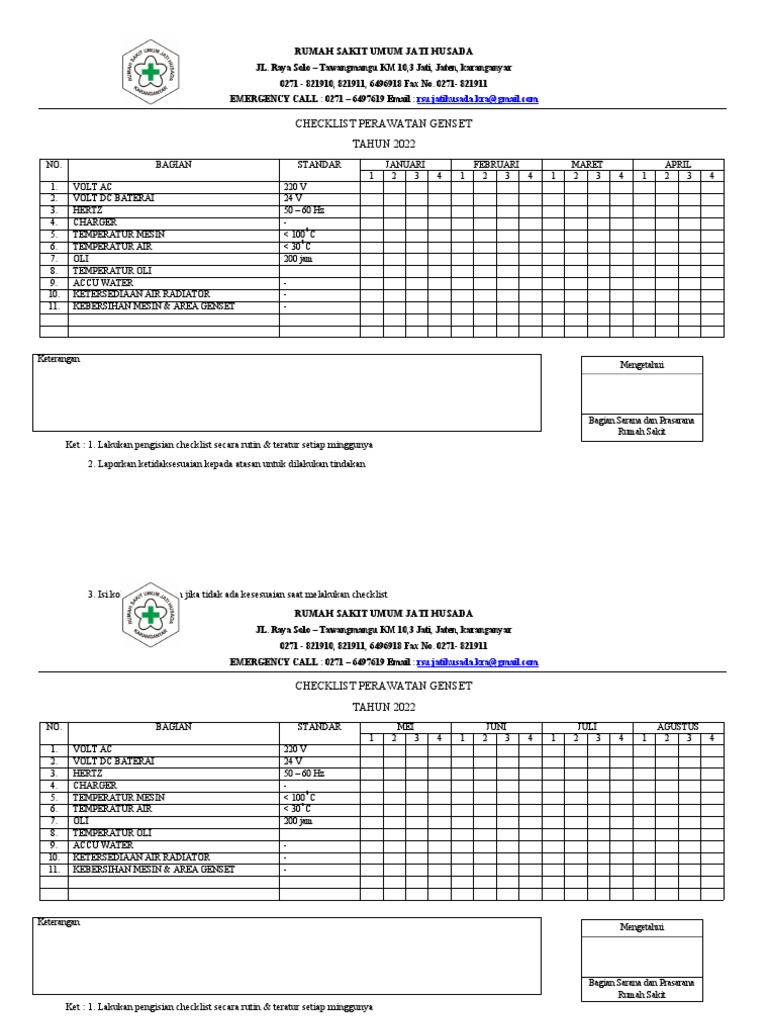 Checklist Perawatan Genset | PDF