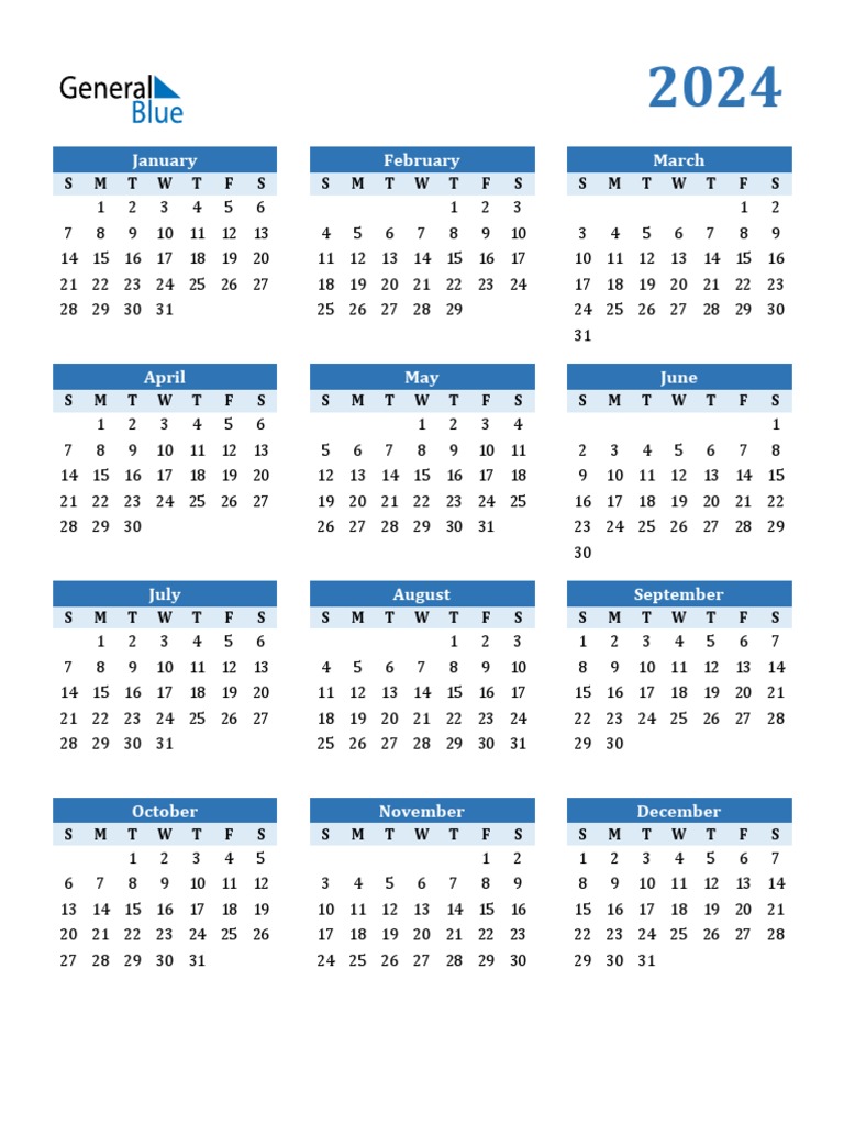 2024 Calendar Blue Noborder Portrait Sunday Start | PDF