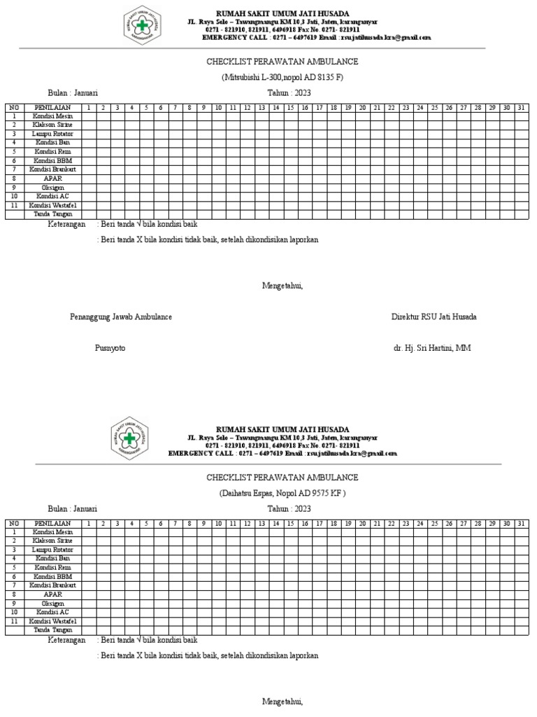 Checklist Perawatan Dan Pembersihan Mobil Ambulan Dan Mobil Dinas | PDF