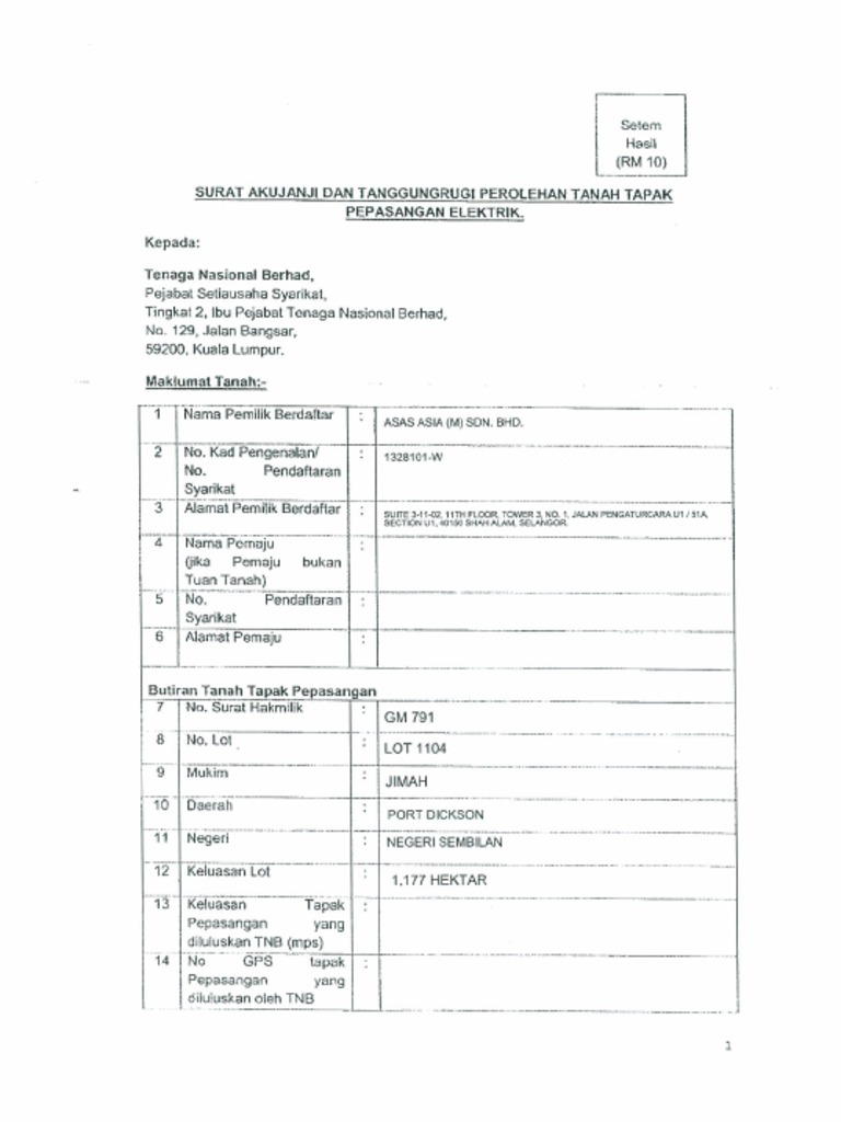 Surat Akujanji Dan Tanggungrugi Perolehan Tanah Tapak Pepasangan ...