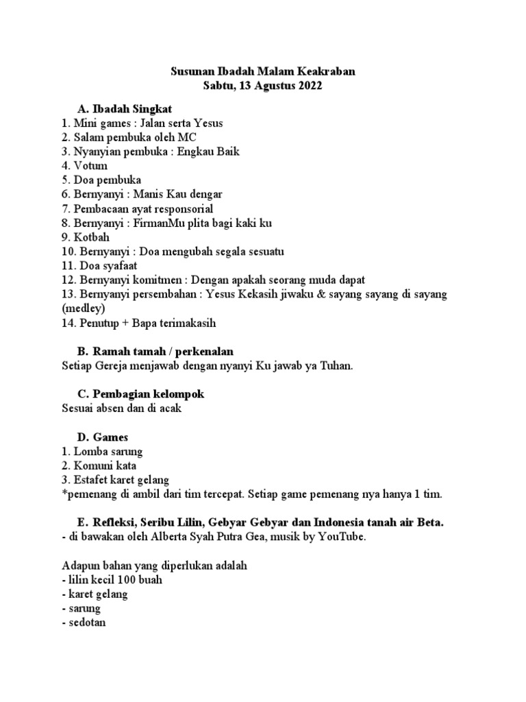 Susunan Ibadah Malam Keakraban Muda Mudi Gereja | PDF