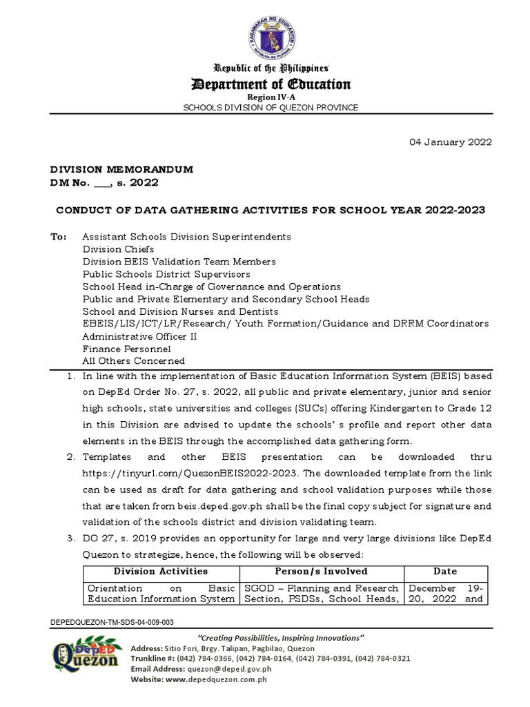 BEIS Data Gathering for SY 2022-2023 | PDF | Schools | Educational Stages