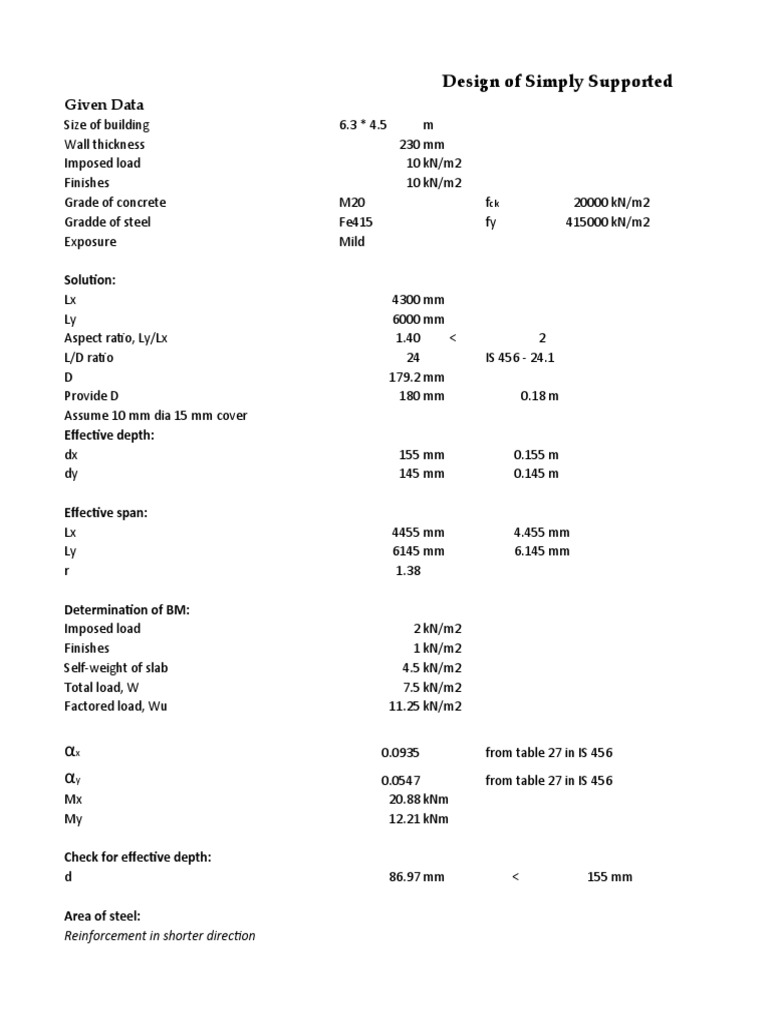 Design of Simply Supported Two Way Slab: Given Data | PDF | Civil ...