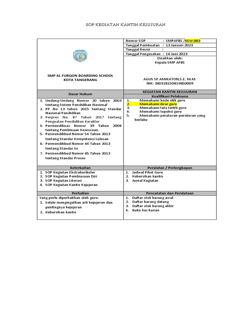 098 Sop Kegiatan Kantin Kejujuran 1 | PDF 098 Sop Kegiatan Kantin Kejujuran 1 | PDF